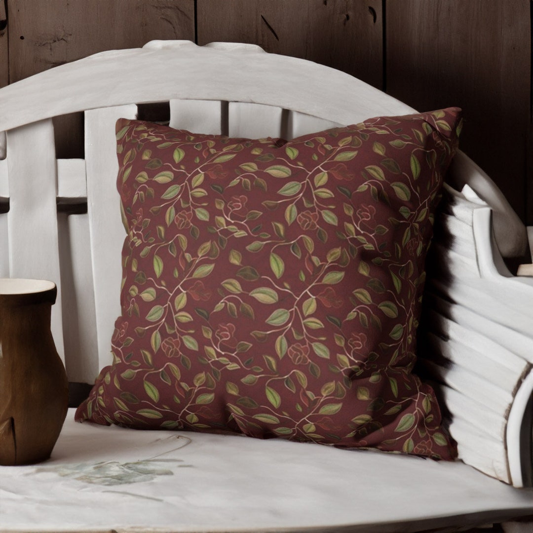 Cottagecore Pillow: Brown & Green Floral Leaf Pattern, Earthtone Decor ...