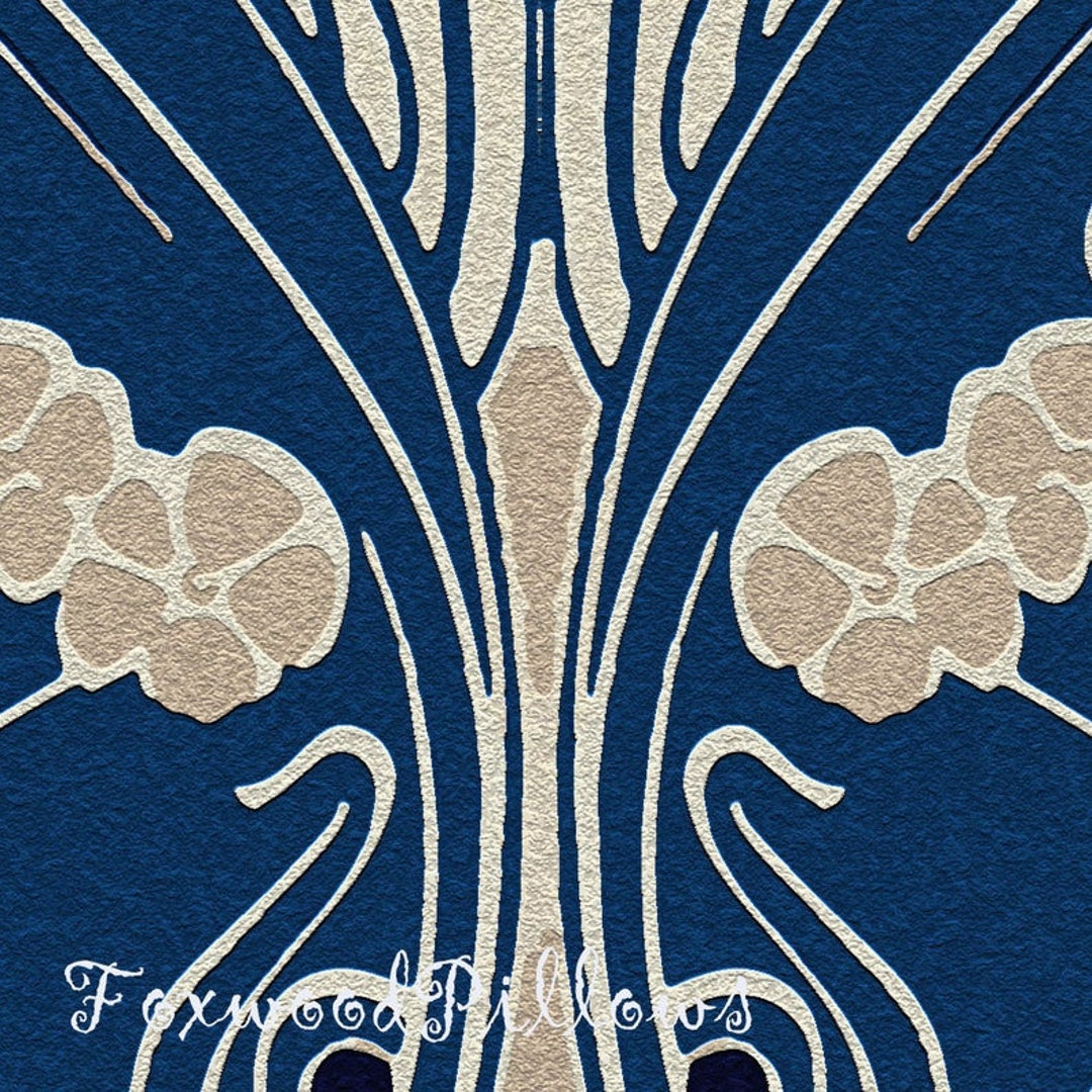 Blue Floral Fabric, Art Nouveau Fabric Design, French Floral Fabric ...
