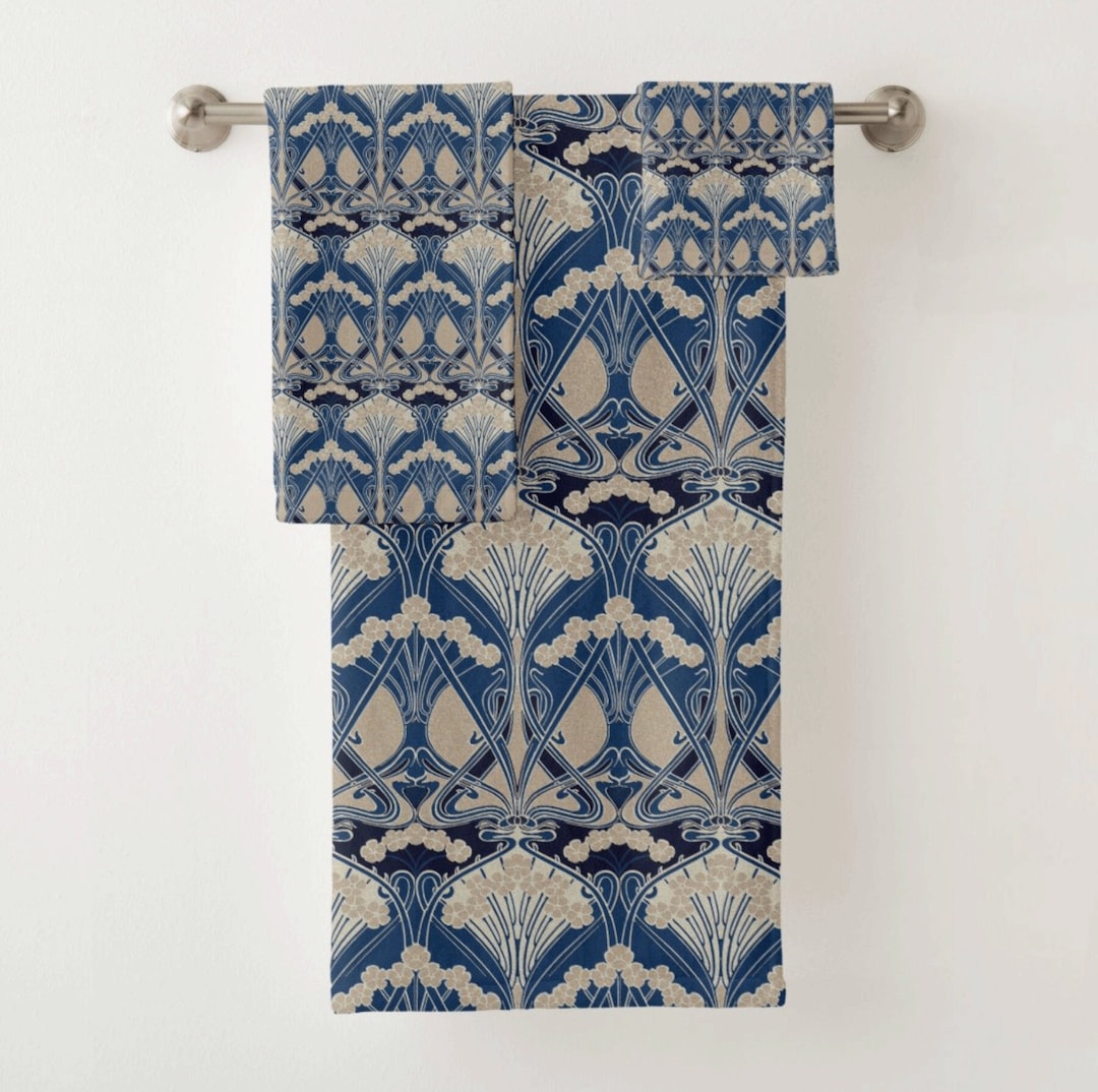 Blue Art Nouveau Towel Set: Floral Rene Beauclair Design - Etsy