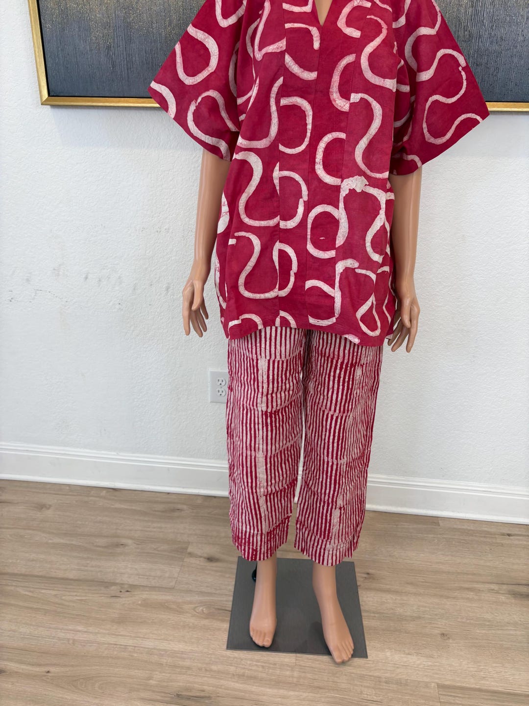Adire Hand Made Cotton Blouse Shirt With Pant Size Medium-large Red - Etsy