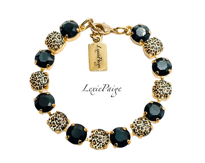 8mm Jet Black and Leopard Print Bracelet / Animal Print / Yellow Gold ...