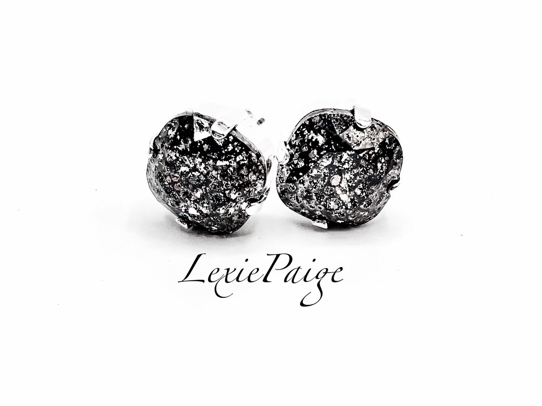 Black Patina Crystal Earrings: Shiny Silver Cushion Cut Studs - Etsy