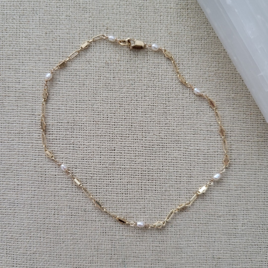 Paperclip Pattern 14k Gold Filled & Rice Pearl Anklet - Etsy