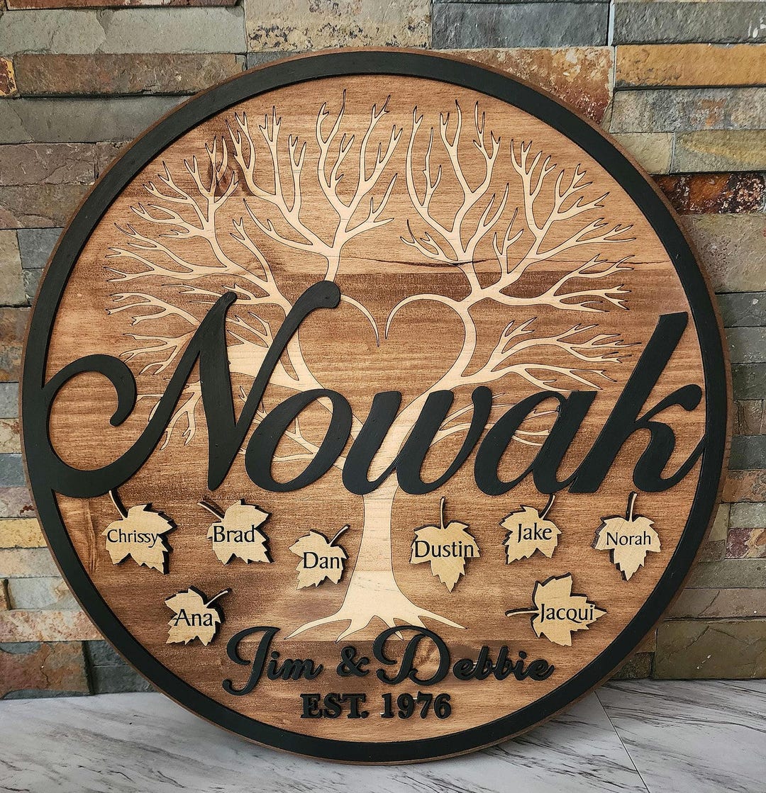 Personalized Family Tree Sign: 3D Engraved Wood, Last Name - Etsy