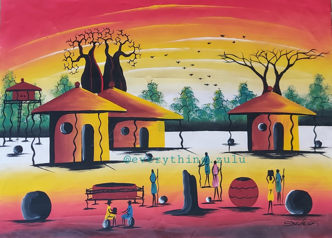 Hand Painted African Homestead on Canvas. - Etsy