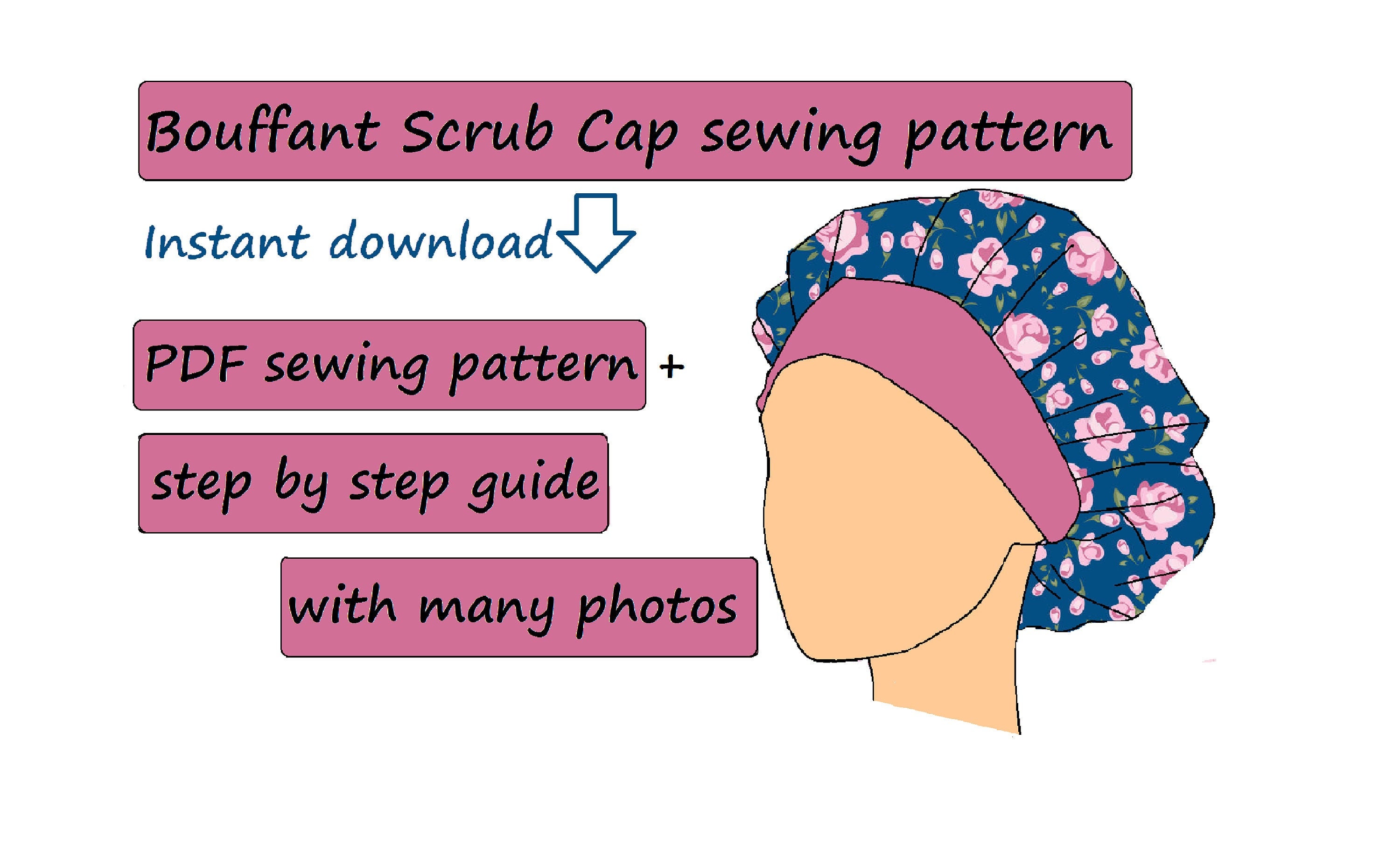 Sewing pattern Scrub cap Bouffant pdf surgical hat pattern | Etsy