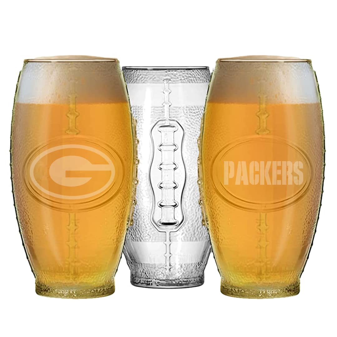 Green Bay Packers Football Glass Etched Pint Glass Football Shaped Gift ...