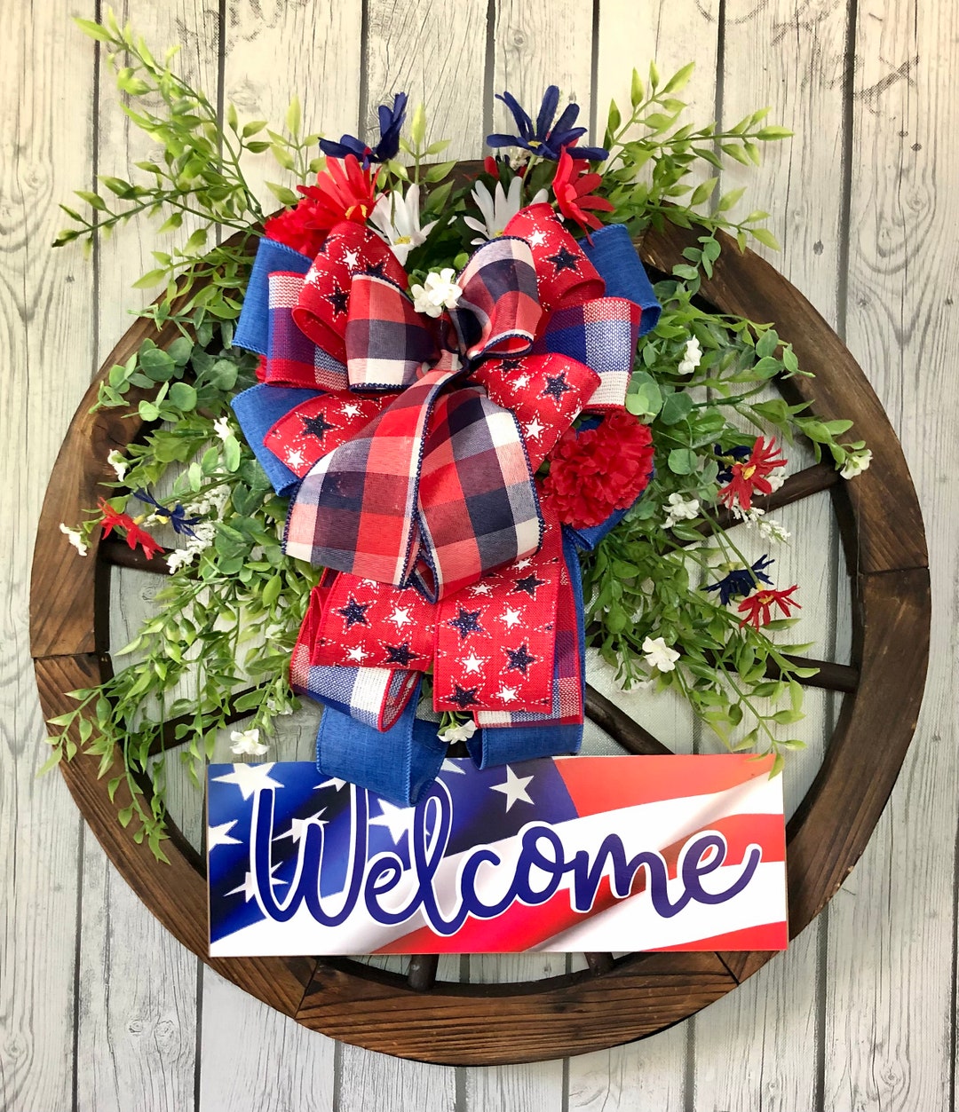 Patriotic Wreath, Wagon Wheel Decor, Farmhouse Wreath, July4 Decor ...