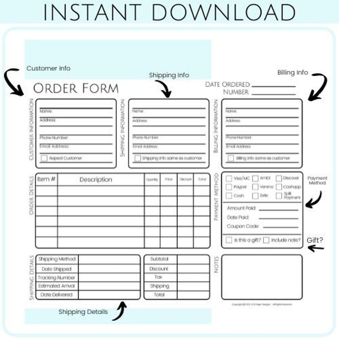Order Form Small Business Order Template Invoice for | Etsy