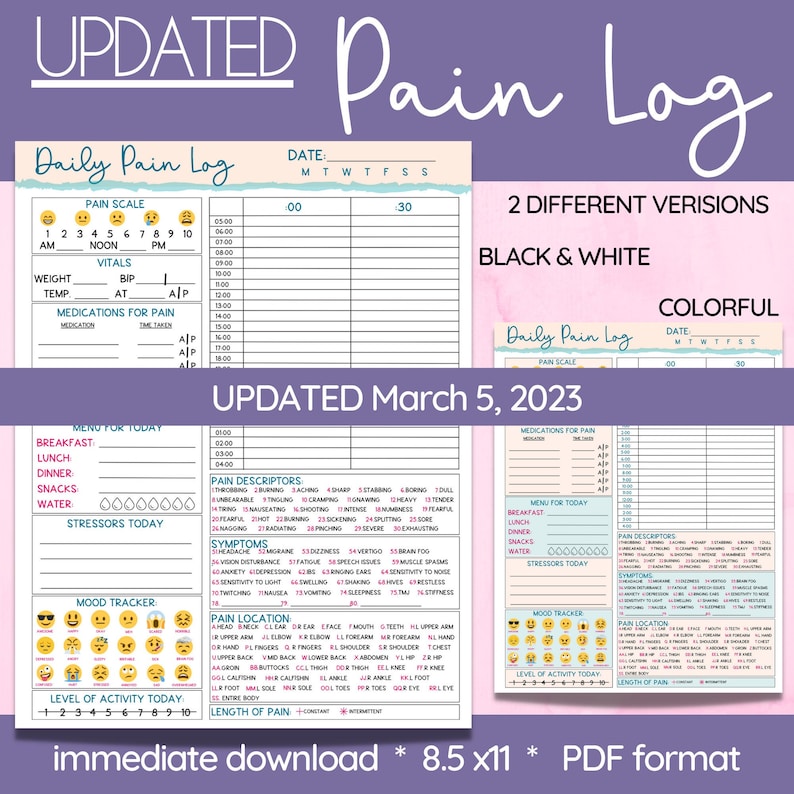 Daily Pain Tracker Log: Chronic Pain Journal (digital Download) - Etsy