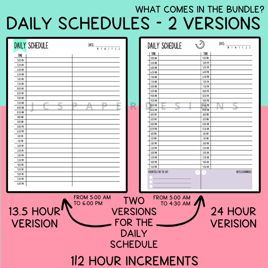 Printable Daily and Weekly Time Schedule Bundle With Monthly Calendar ...