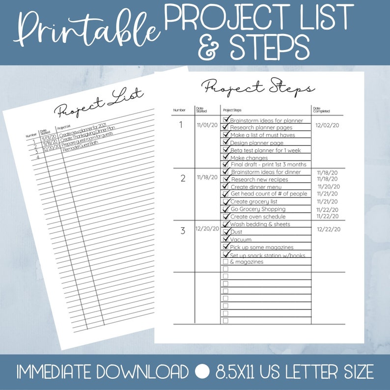 Project Planner Printable: Project List & Steps (8.5x11 PDF) - Etsy
