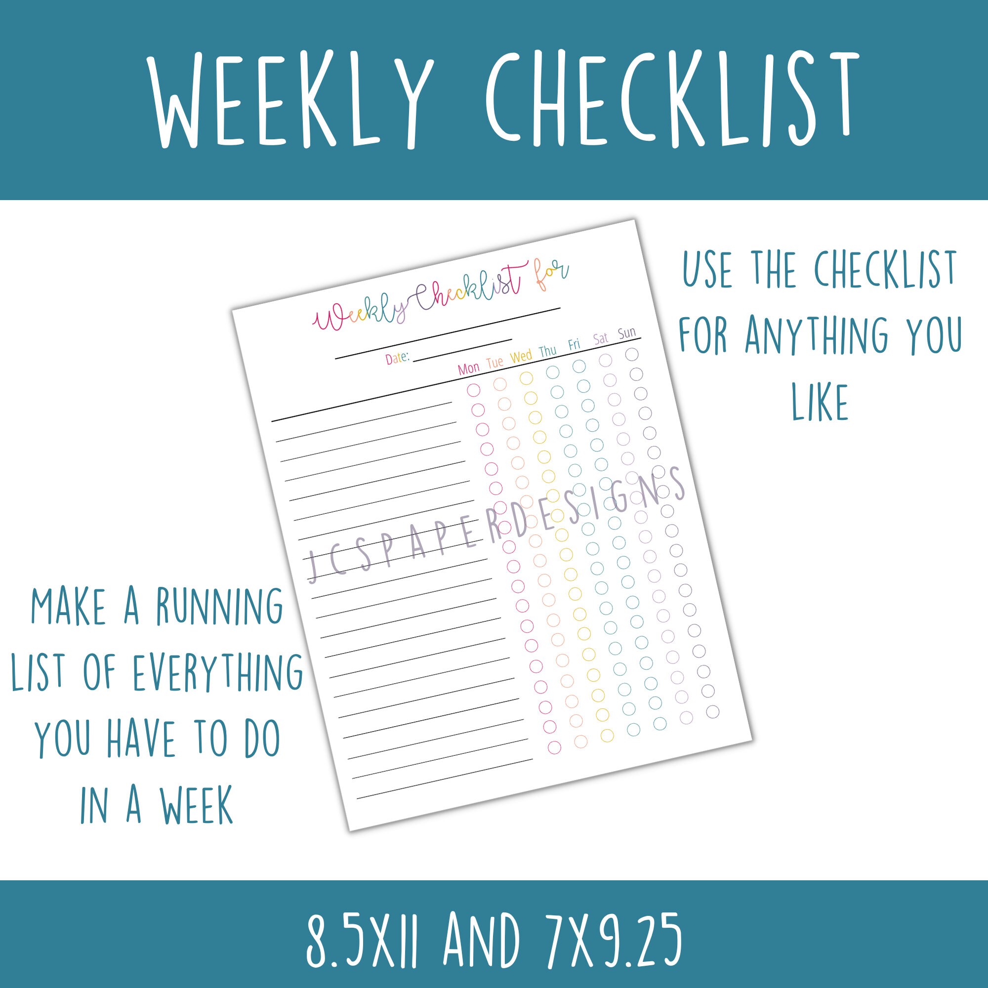 Weekly Checklist Printable: to Do List, Task Planner (digital Download ...