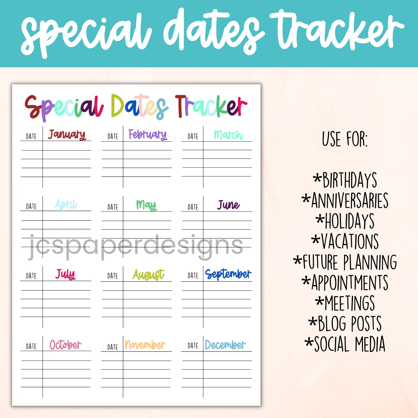 Special Dates Log Birthday Calendar Anniversary Holidays Tracker - Etsy