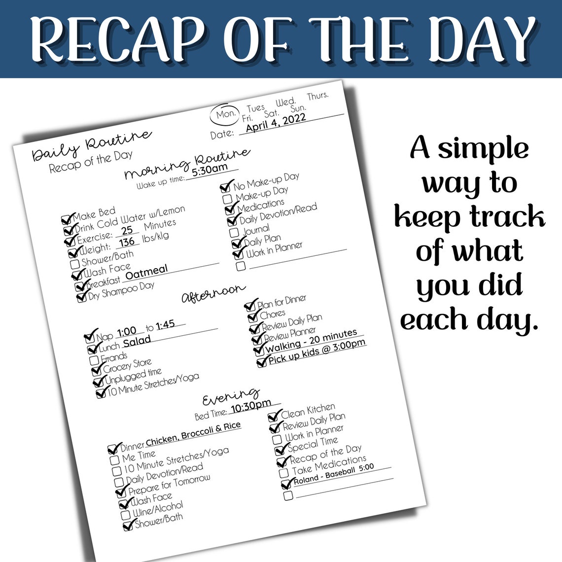 Daily Routine Checklist: Recap of the Day (PDF Pattern) - Etsy
