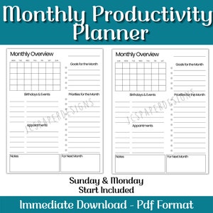 Productivity Monthly Planner Printable, Daily Weekly Monthly Planner ...