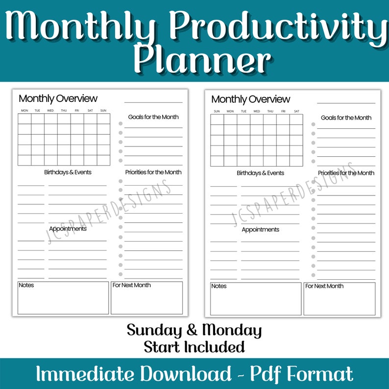 Productivity Monthly Planner Printable Daily Weekly Monthly - Etsy