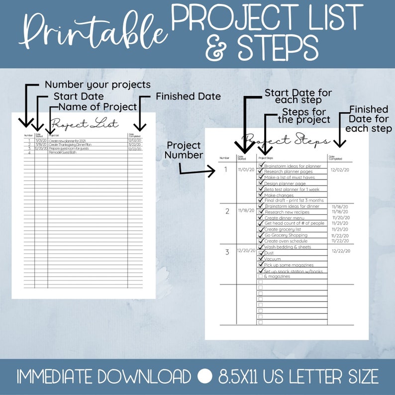Project Planner Printable: Project List & Steps (8.5x11 PDF) - Etsy