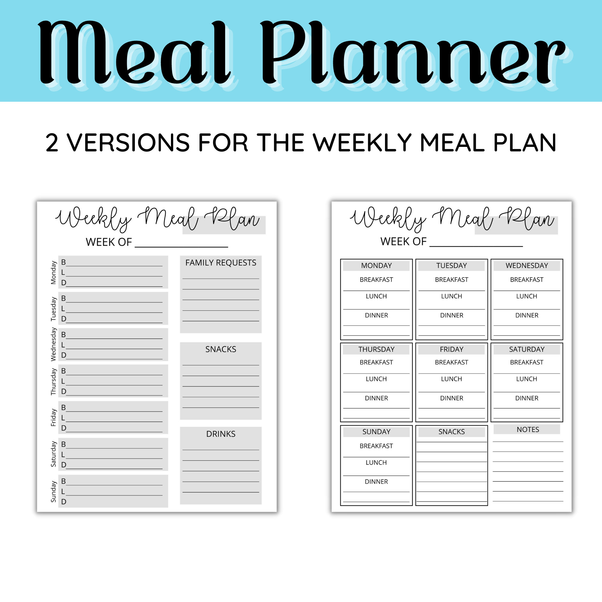 Family Meal Planner Printable: Weekly & Monthly Menu (digital Download ...