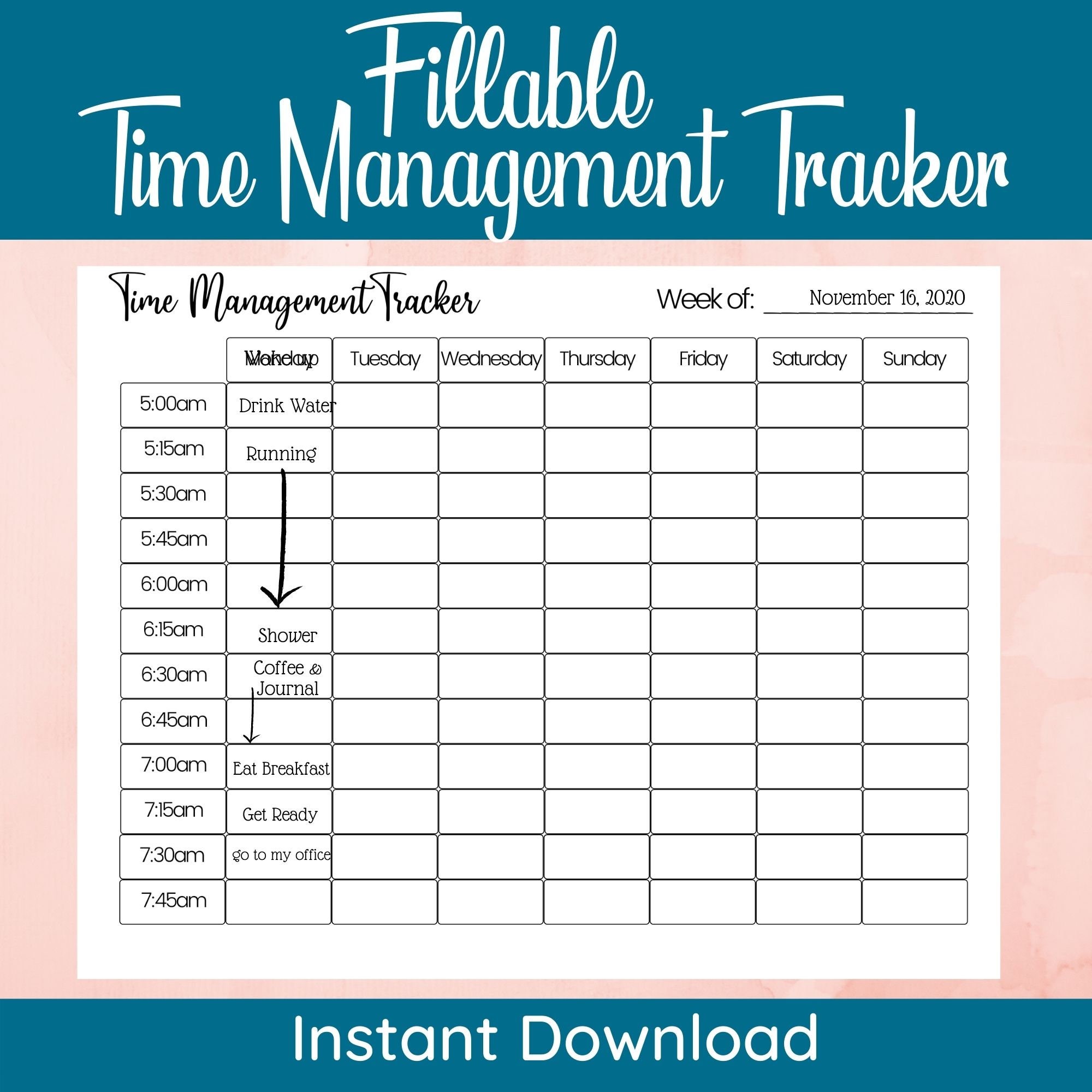 Fillable or Writeable Weekly Time Management Tracker | Hourly Time ...