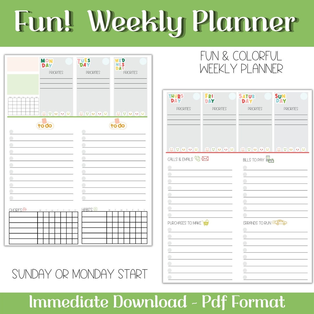 Fun Colorful Weekly Planner Printable: To-do List (PDF Download) - Etsy