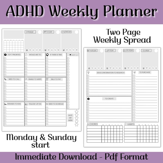 ADHD WEEKLY PLANNER to Do List Productivity Weekly Planner - Etsy