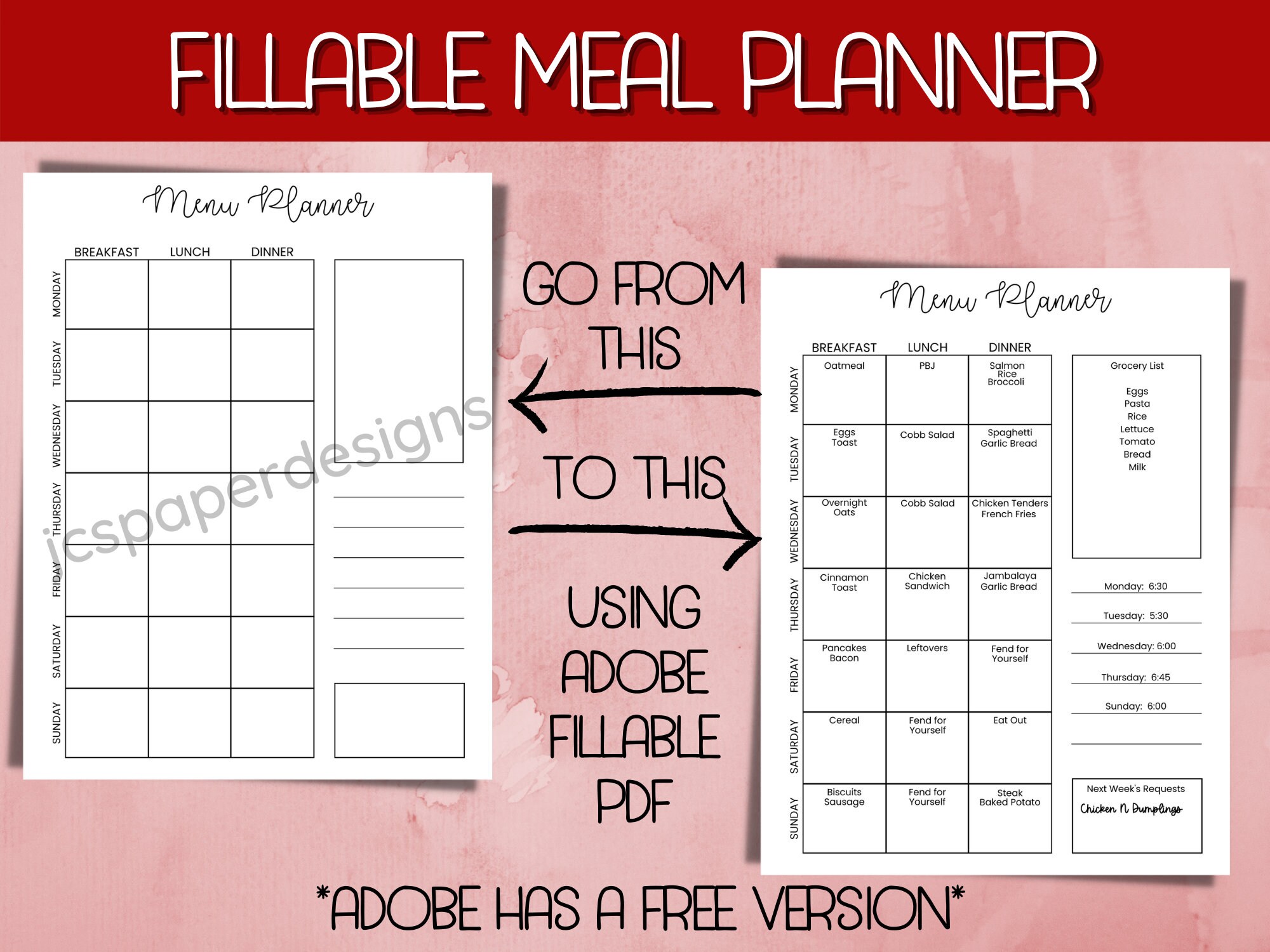 FILLABLE or PRINTABLE Weekly Meal Planner, Menu Planner, Meal Plan - Etsy