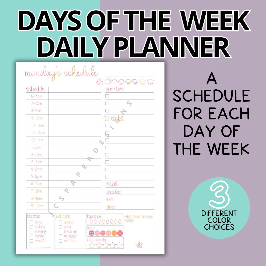 Monday-sunday Daily Planner, Three Daily Planner Versions, Printable ...