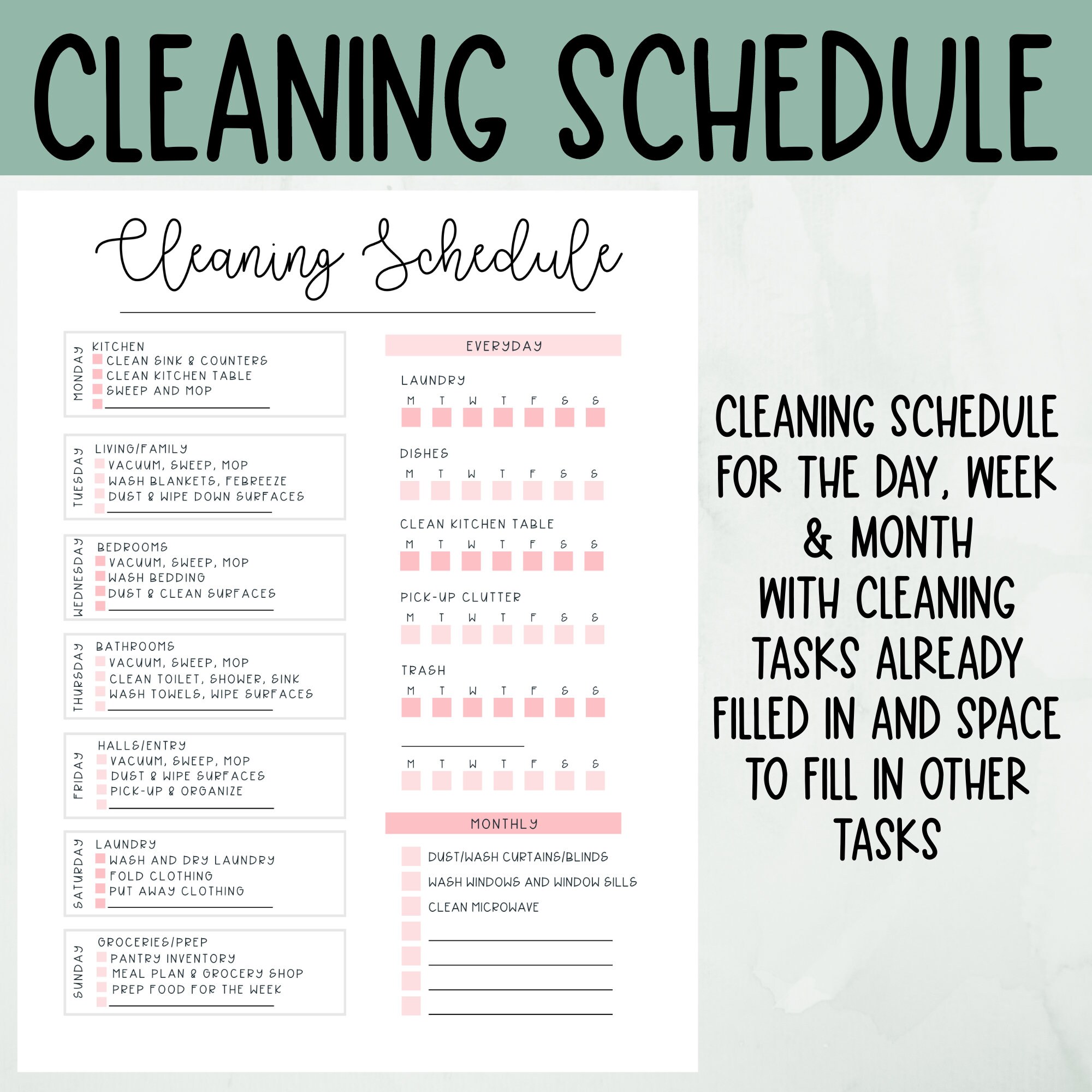 Daly, Weekly, Monthly Cleaning Chart Printable, Cleaning Checklist ...
