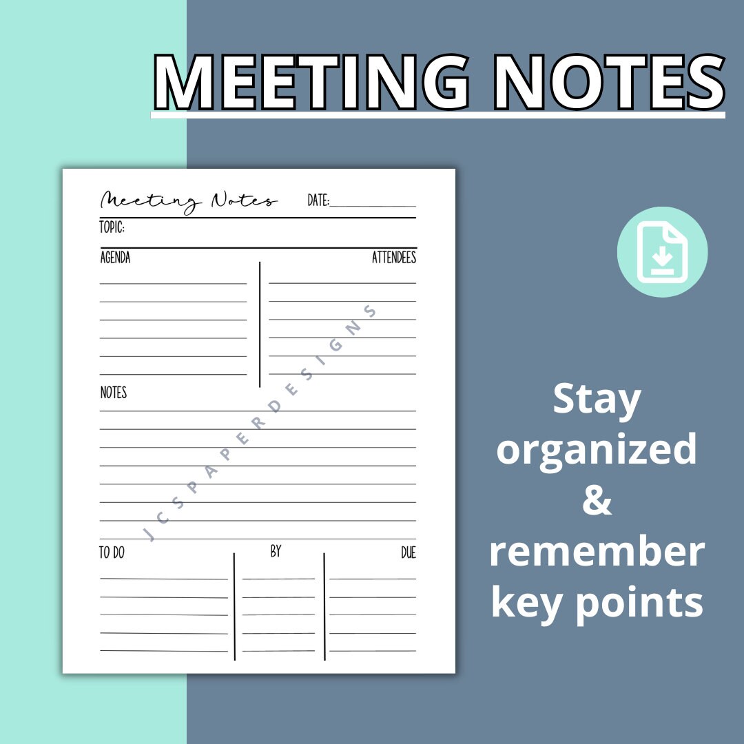 Meeting Notes Printable PDF Template, Digital Download, Conference ...