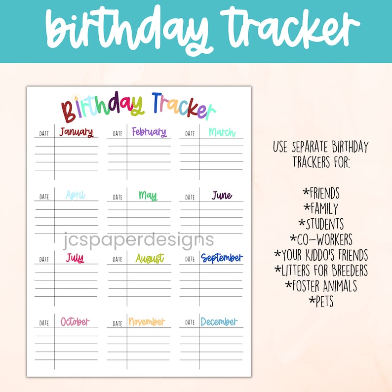 Perpetual Birthday Tracker Printable: Birthstone Colors (PDF) - Etsy
