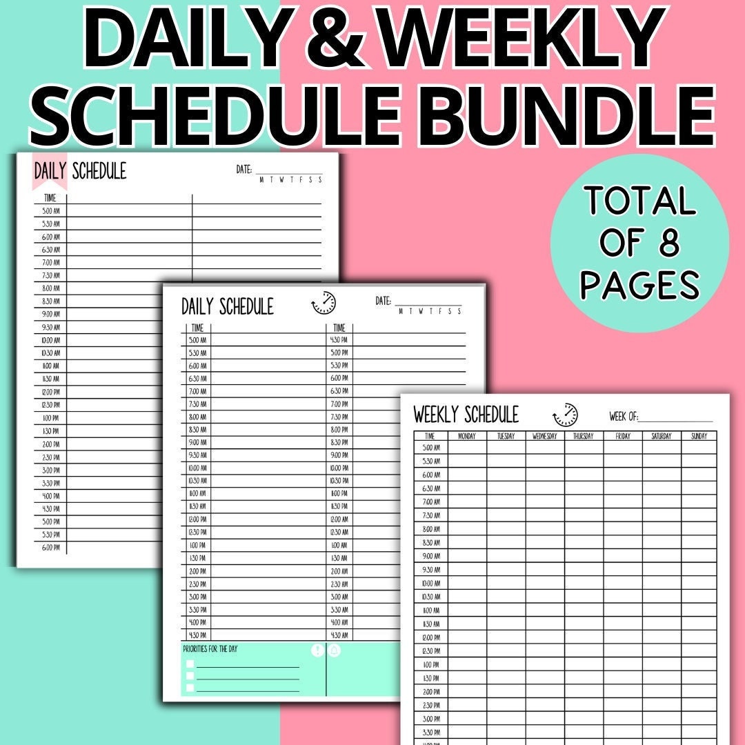 Printable Daily and Weekly Time Schedule Bundle With Monthly Calendar ...