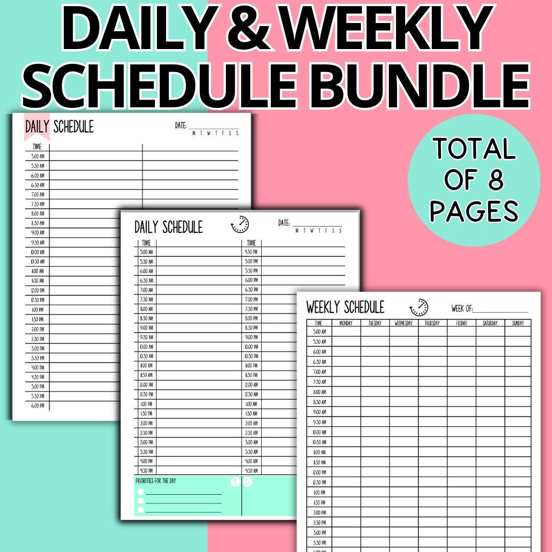 Printable Daily and Weekly Time Schedule Bundle With Monthly Calendar ...