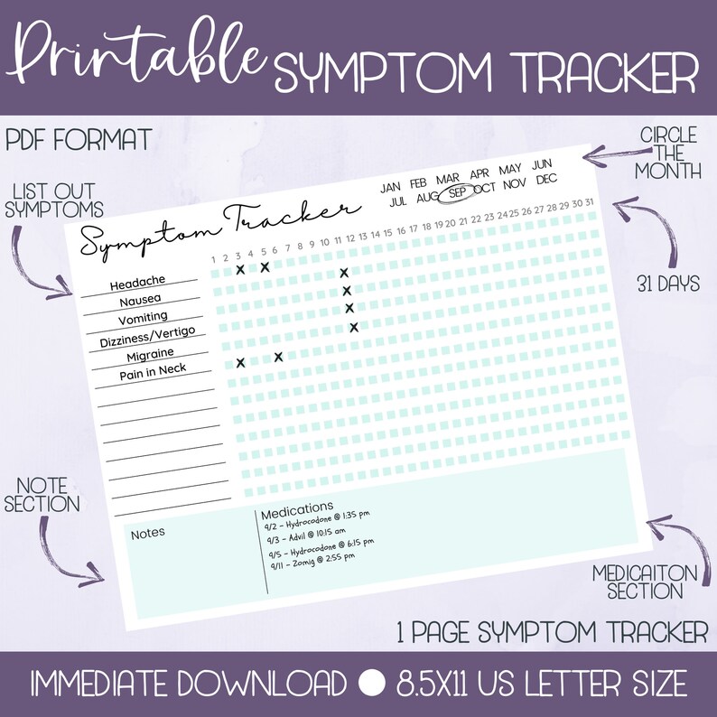 Symptom Tracker | Monthly Symptom Tracker | Track Your Symptoms | Chart ...