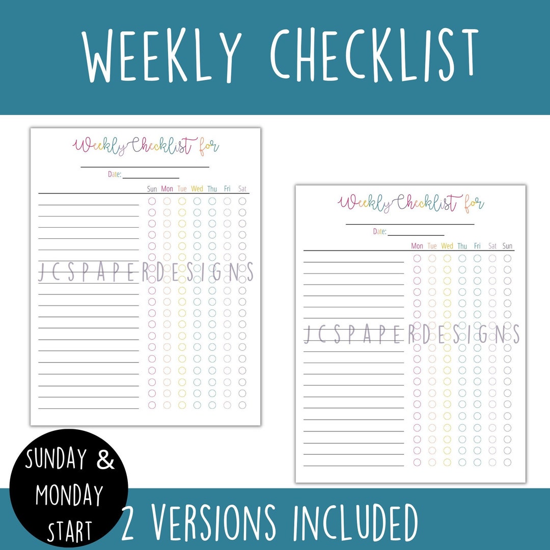 Weekly Checklist Printable: to Do List, Task Planner (digital Download ...