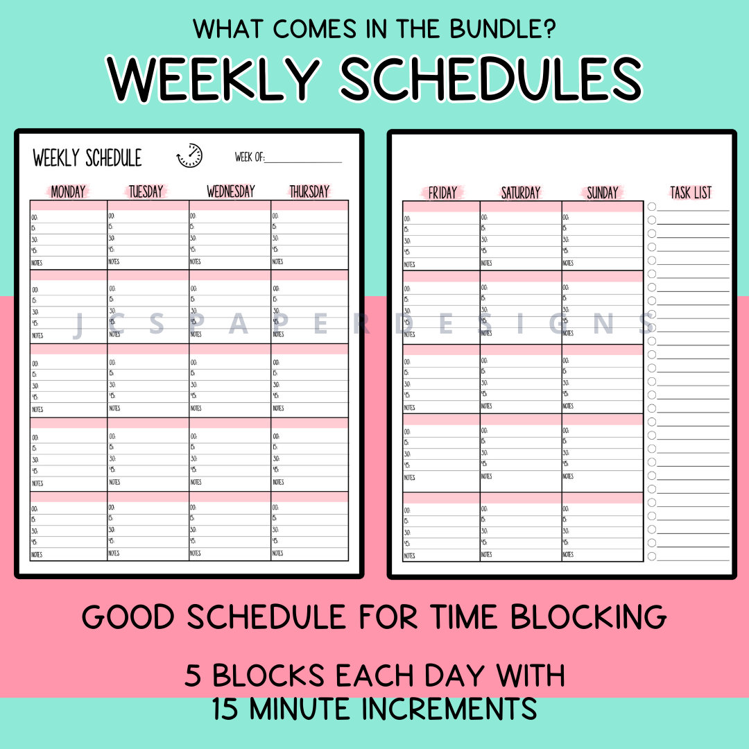 Printable Daily and Weekly Time Schedule Bundle With Monthly Calendar ...