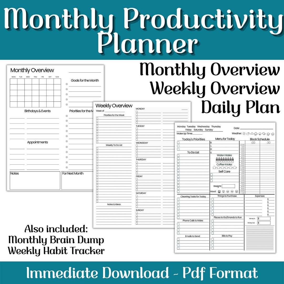 Productivity Monthly Planner Printable, Daily Weekly Monthly Planner ...