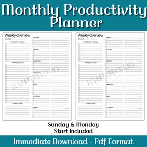 Productivity Monthly Planner Printable, Daily Weekly Monthly Planner ...