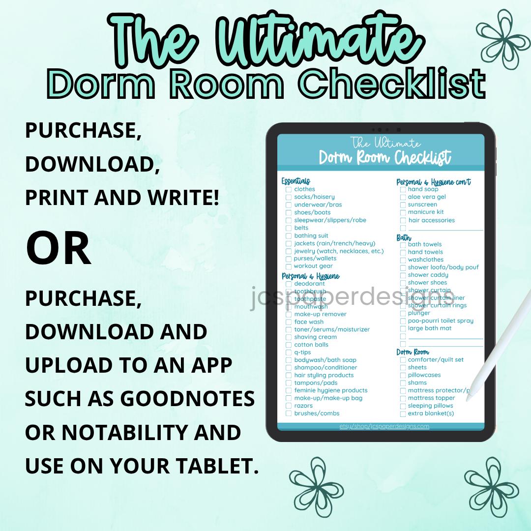 College Dorm Room Essentials Checklist (PDF) - Etsy