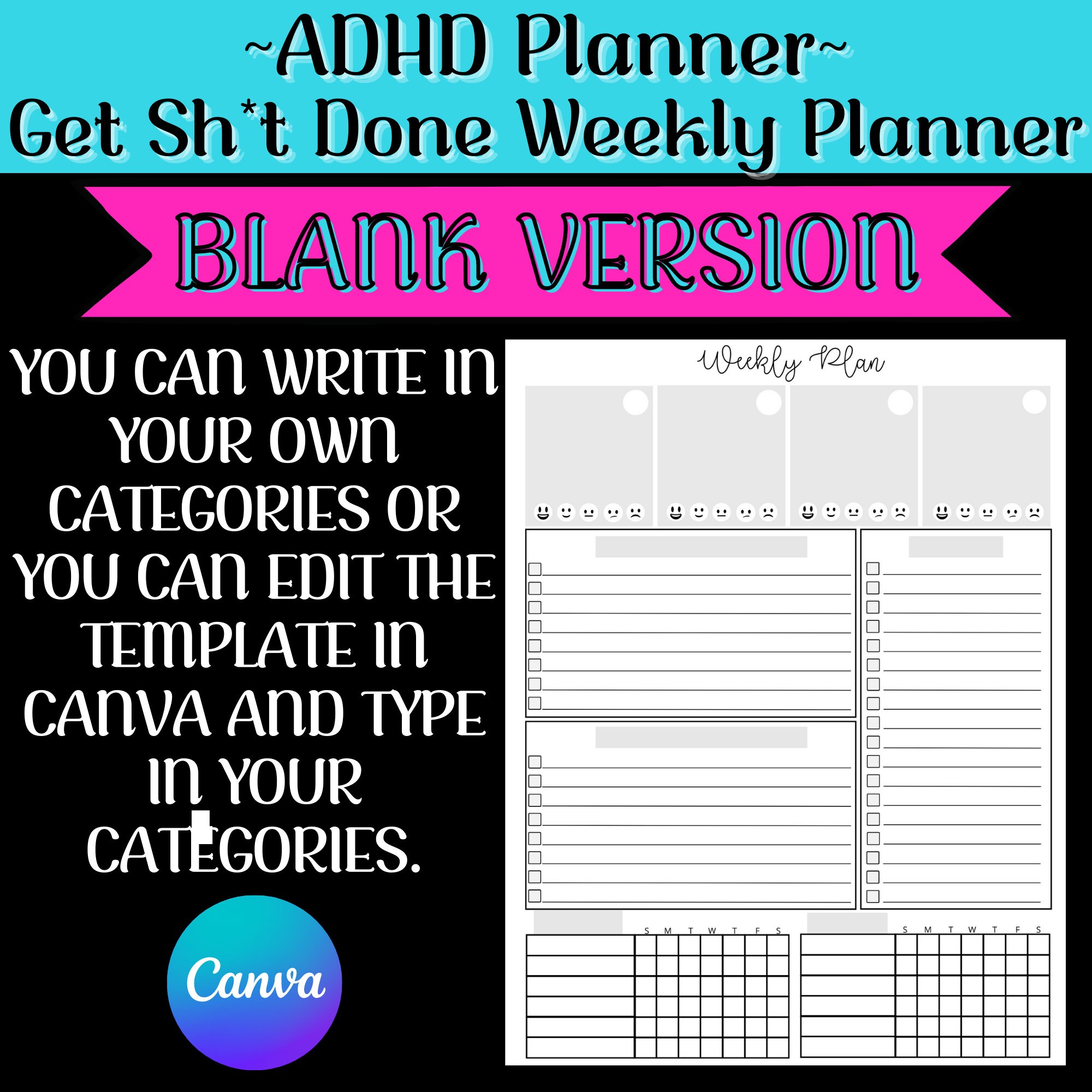 New Blank ADHD WEEKLY PLANNER to Do List Productivity - Etsy