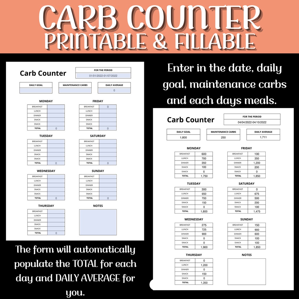 Printable Carb Counter: Keto Diet Tracker (PDF Fillable) - Etsy