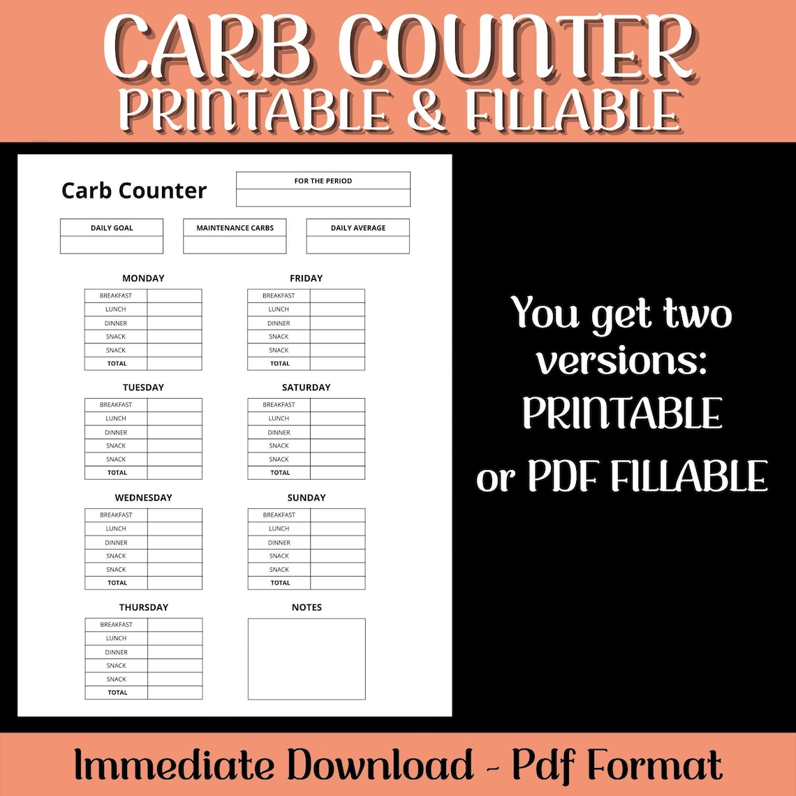 Carb Counter, Fillable Printable, Carbs Tracker. Keto Diet Tracker ...