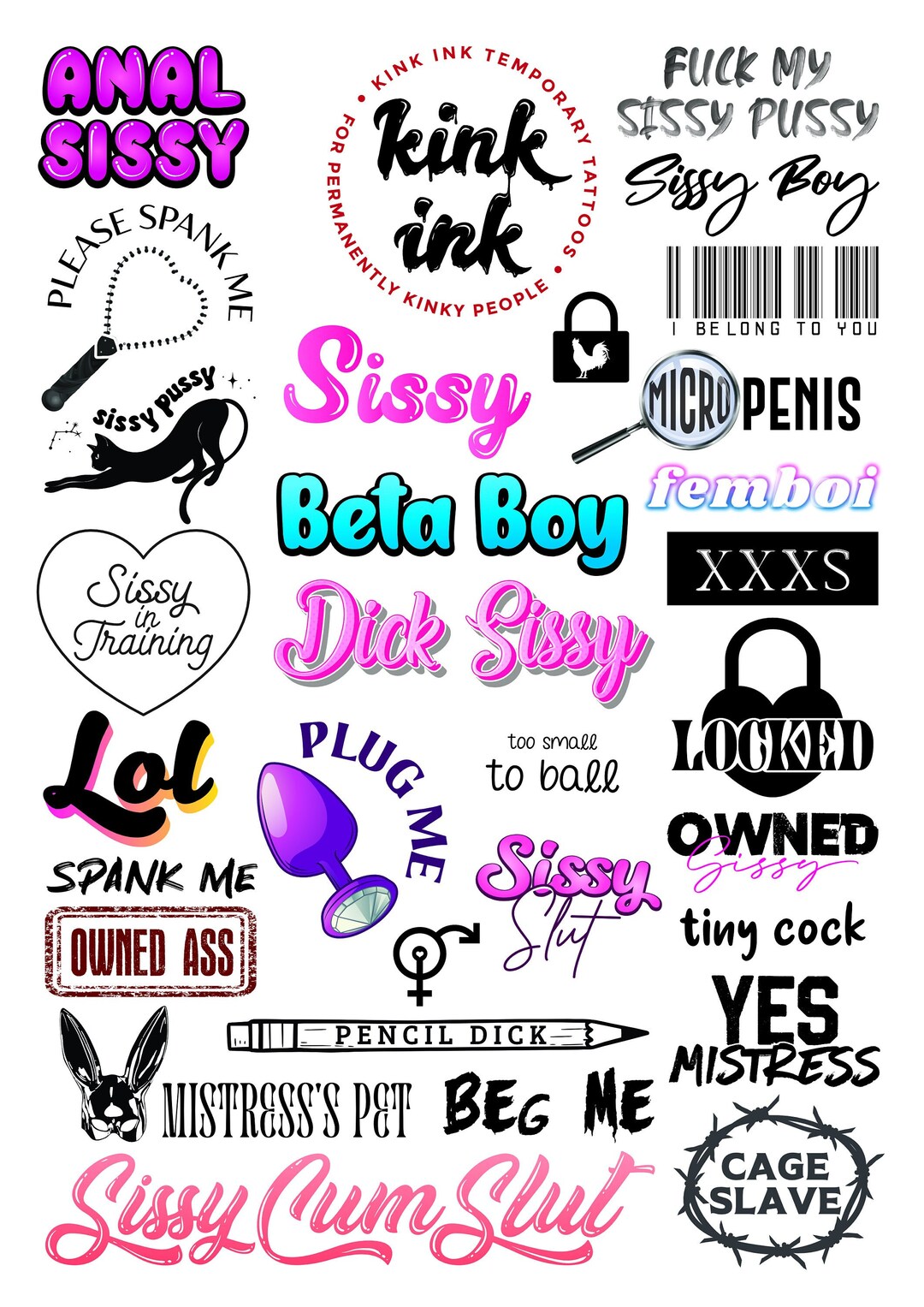 Sissy Temporary Tattoos Set Of 29 By Kink Ink Etsy