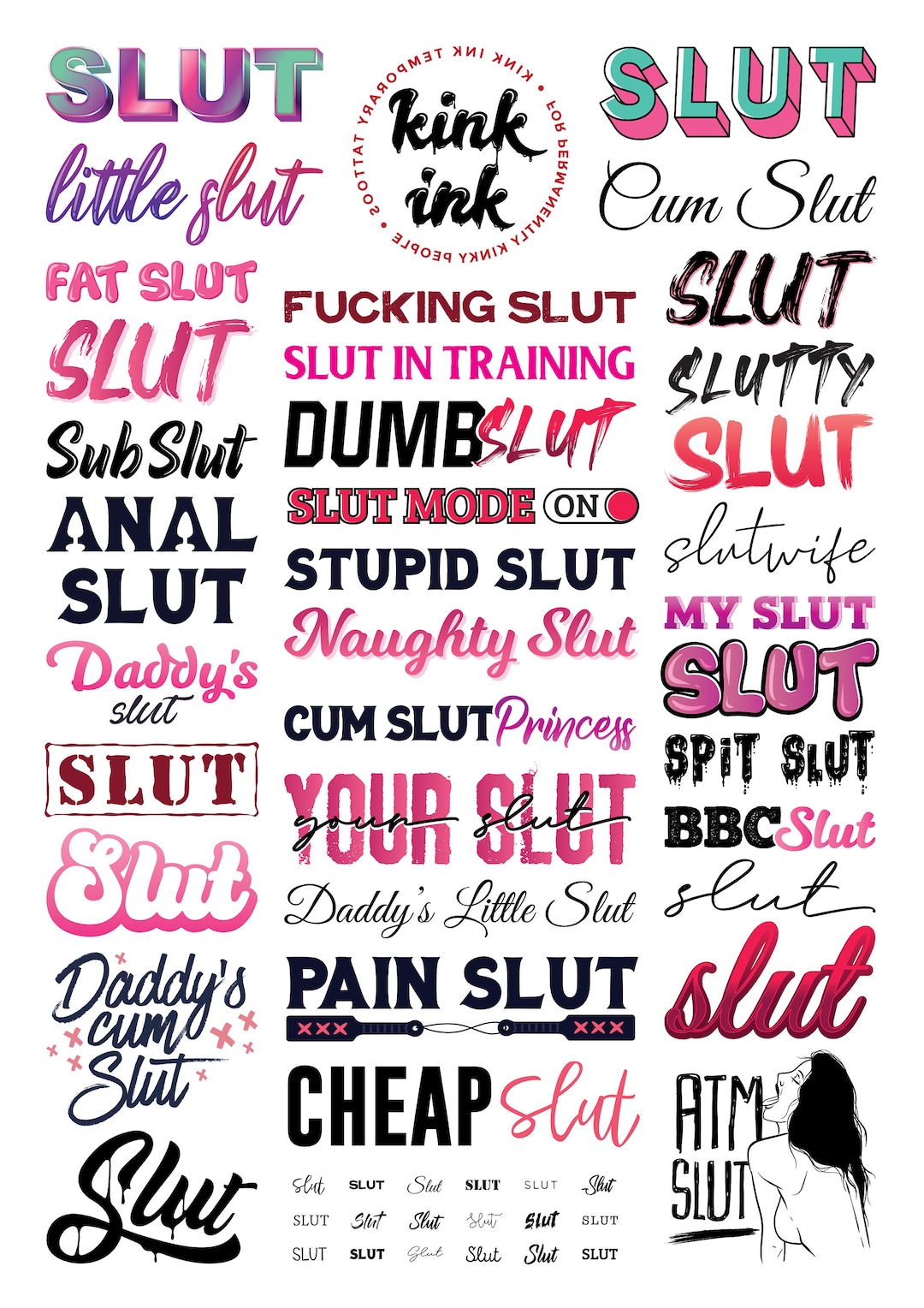 Slut Temporary Tattoos Set Of 34 By Kink Ink Etsy Ireland