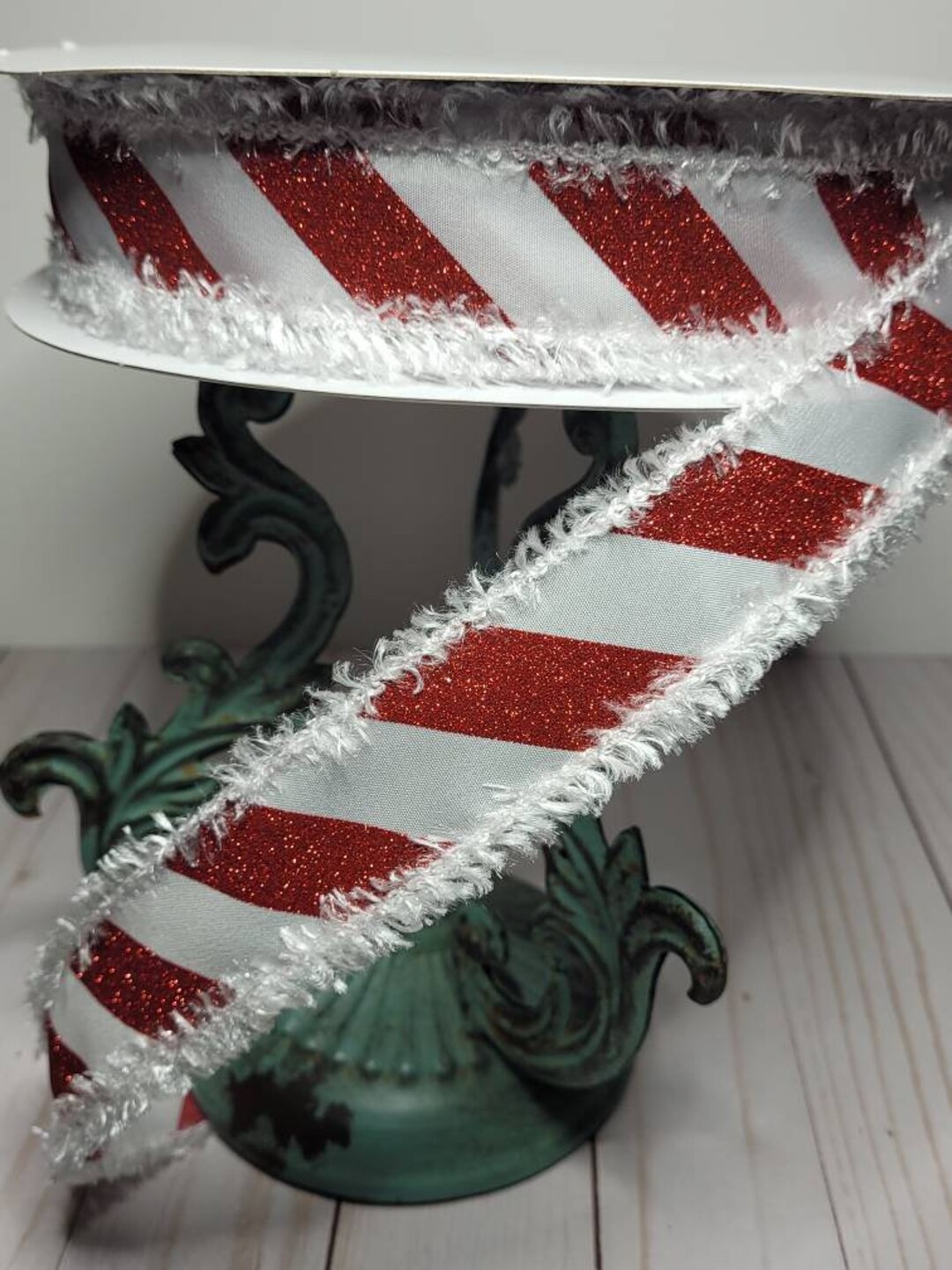 Candy Cane Wired Ribbon, Glittered Candy Cane Ribbon, Wired Christmas ...