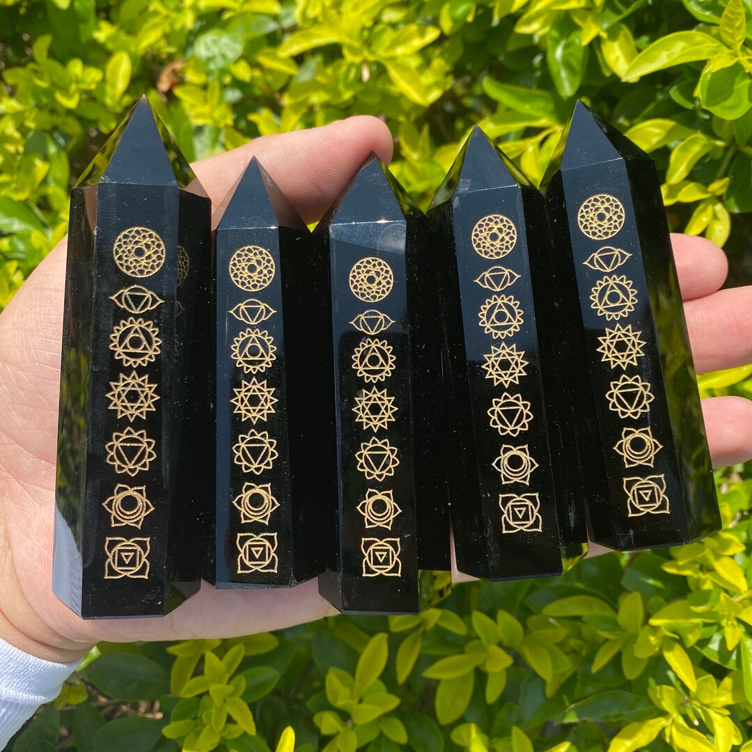 7 Chakra Black Obsidian Tower, Natural Black Obsidian Point, Quartz ...