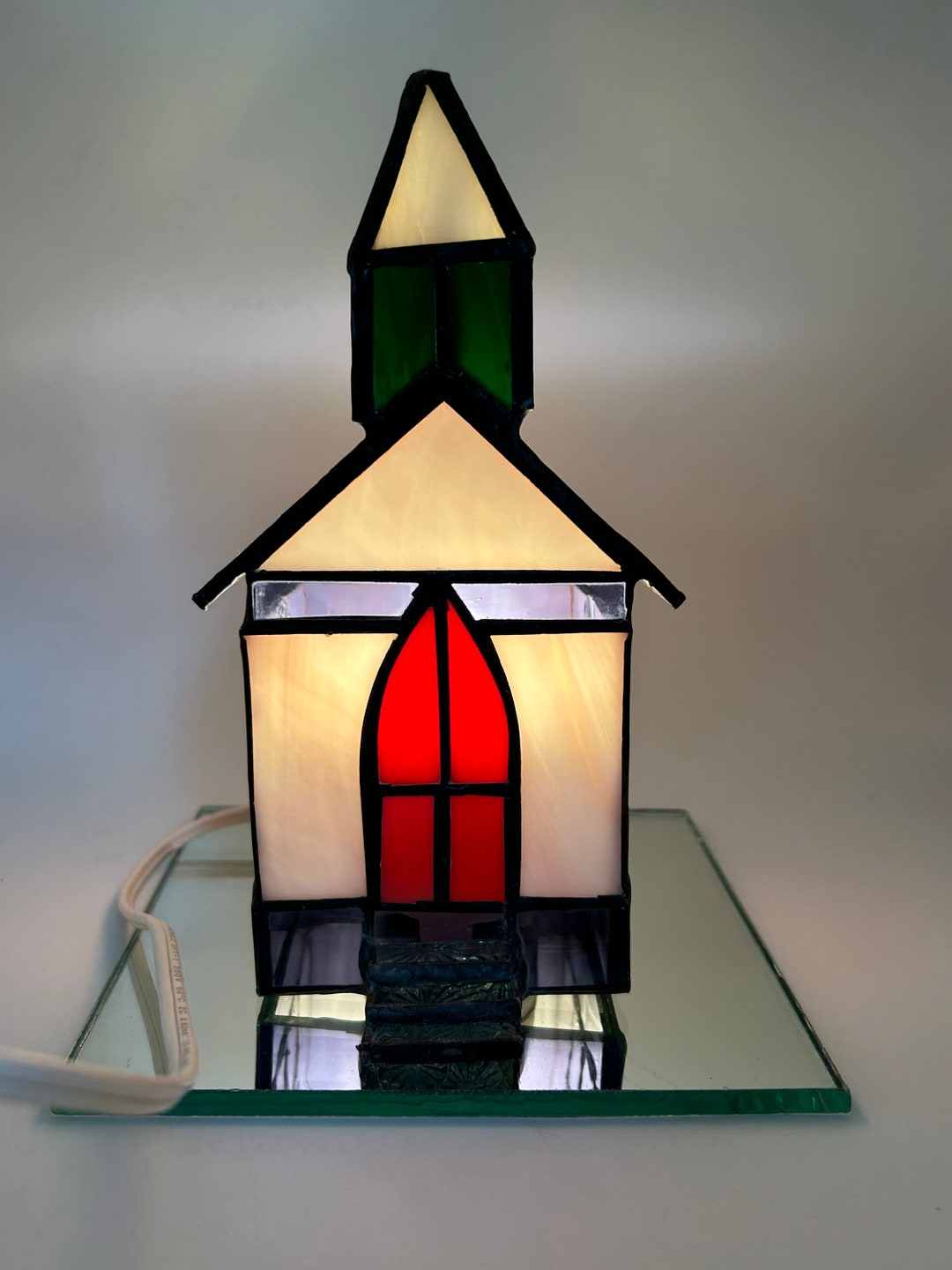 Vintage Stained Glass Church Lamp on Mirrored Base - Etsy