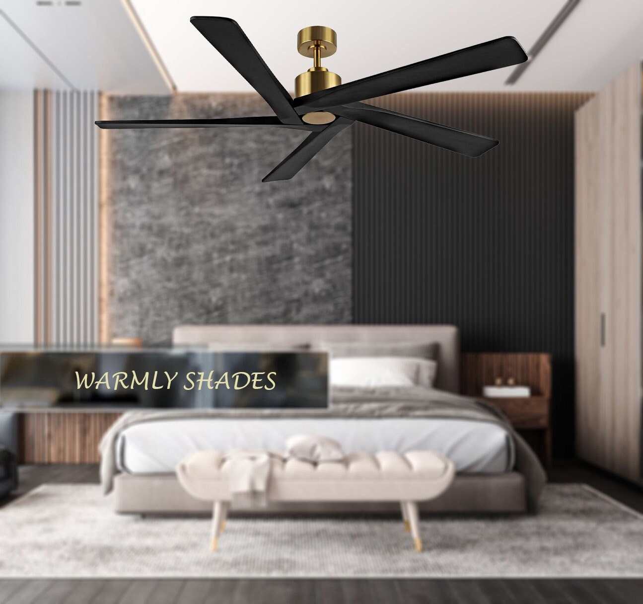 64 Inch Ceiling Fan, Brass Finish With Black Blades, 5 Reversible Solid ...