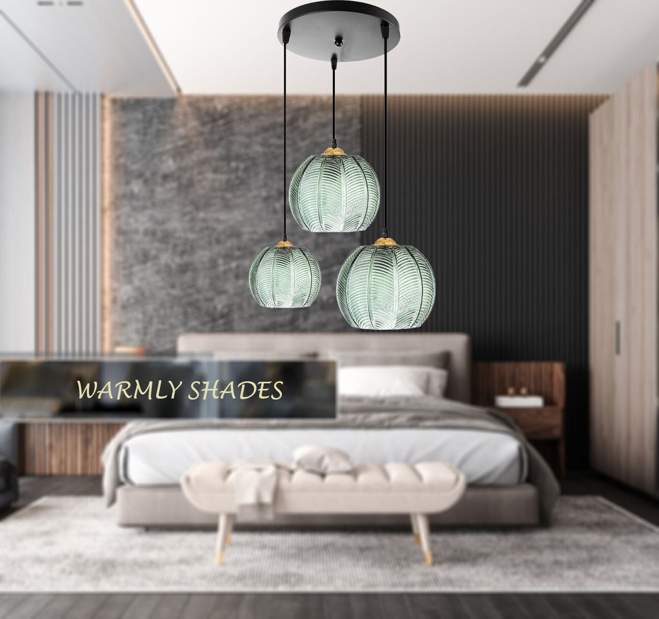 Modern Green Ribbed Glass Chandelier, Pendant Lights for Kitchen Island ...