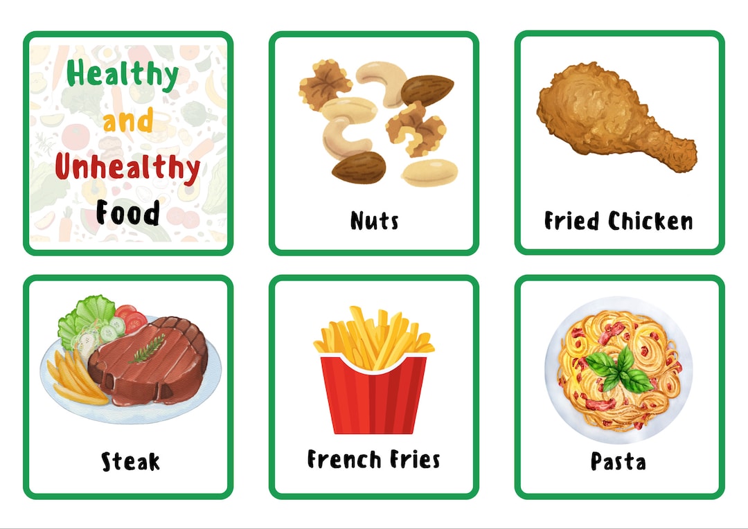 Healthy and Unhealthy Foods Flashcards and Worksheet - Etsy UK